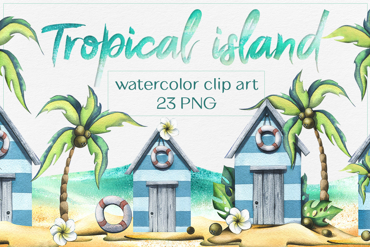 Tropical island watercolor clip art, an Object Illustration by NATASHA CHU