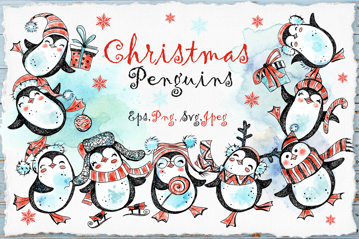 Cute Christmas penguins watercolor., an Illustration by Grigaola.Art