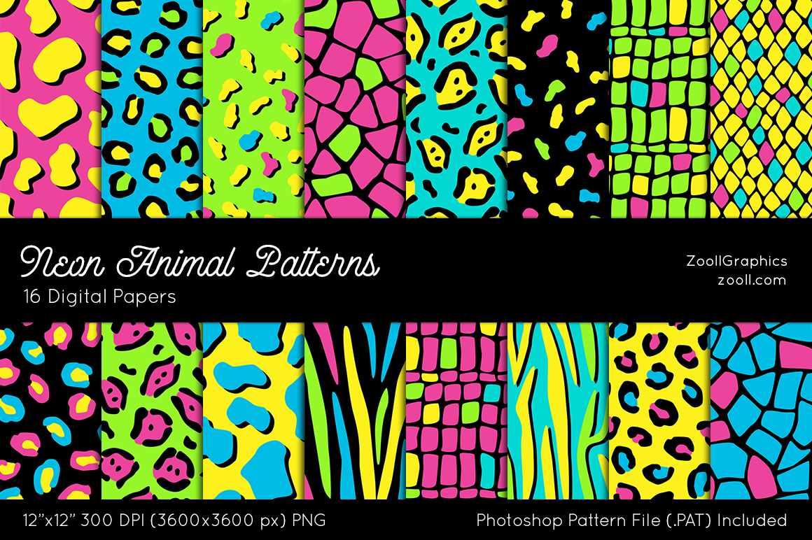 Neon Animal Digital Papers, a Pattern Graphic by ZoollGraphics
