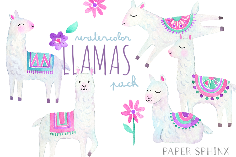 Watercolor Llamas Art Pack, an Animal Illustration by PaperSphinx