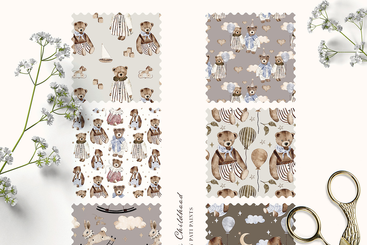 Watercolor Vintage Teddy Bear Set