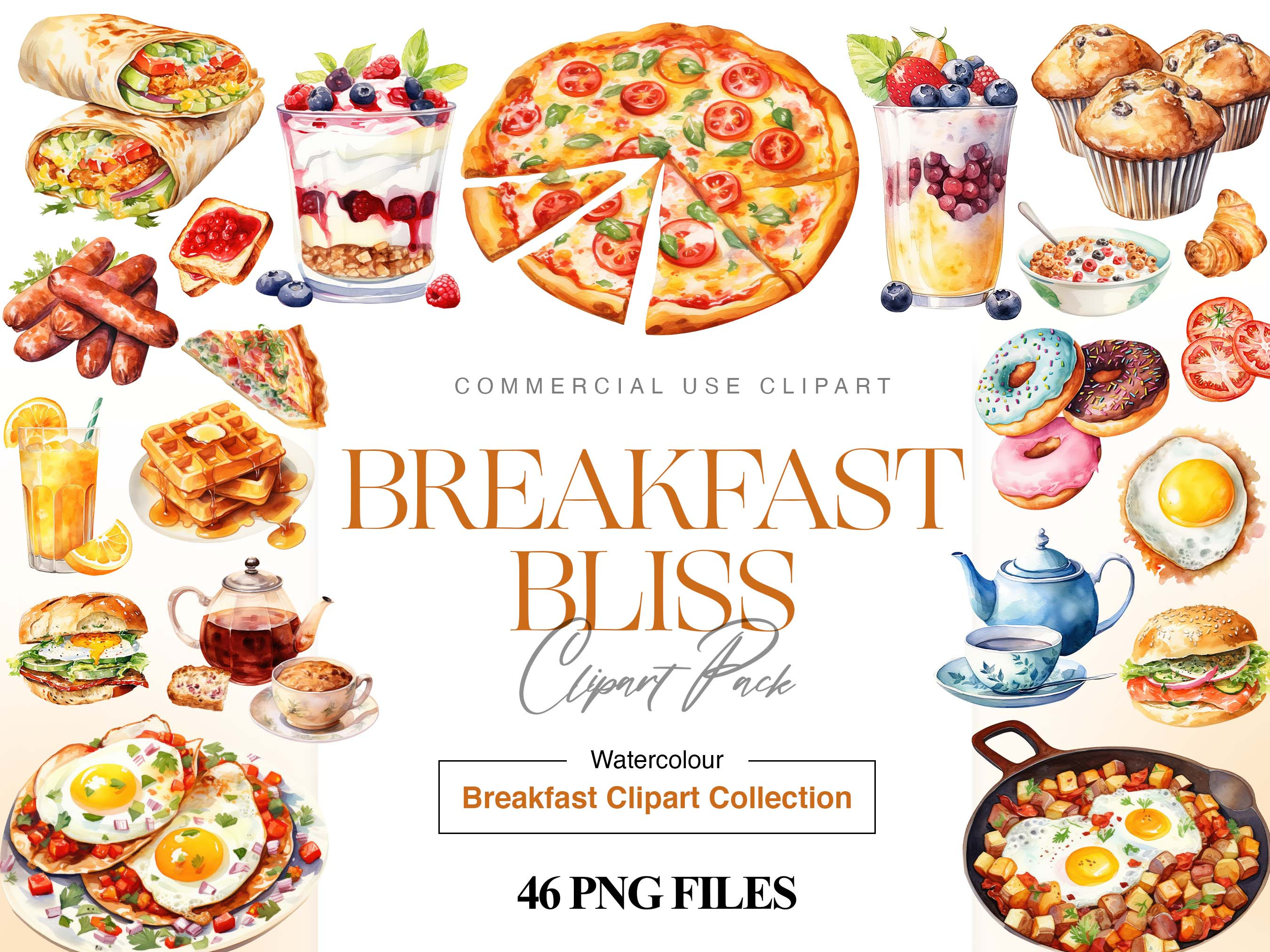 Watercolor Breakfast Clipart, Food PNG