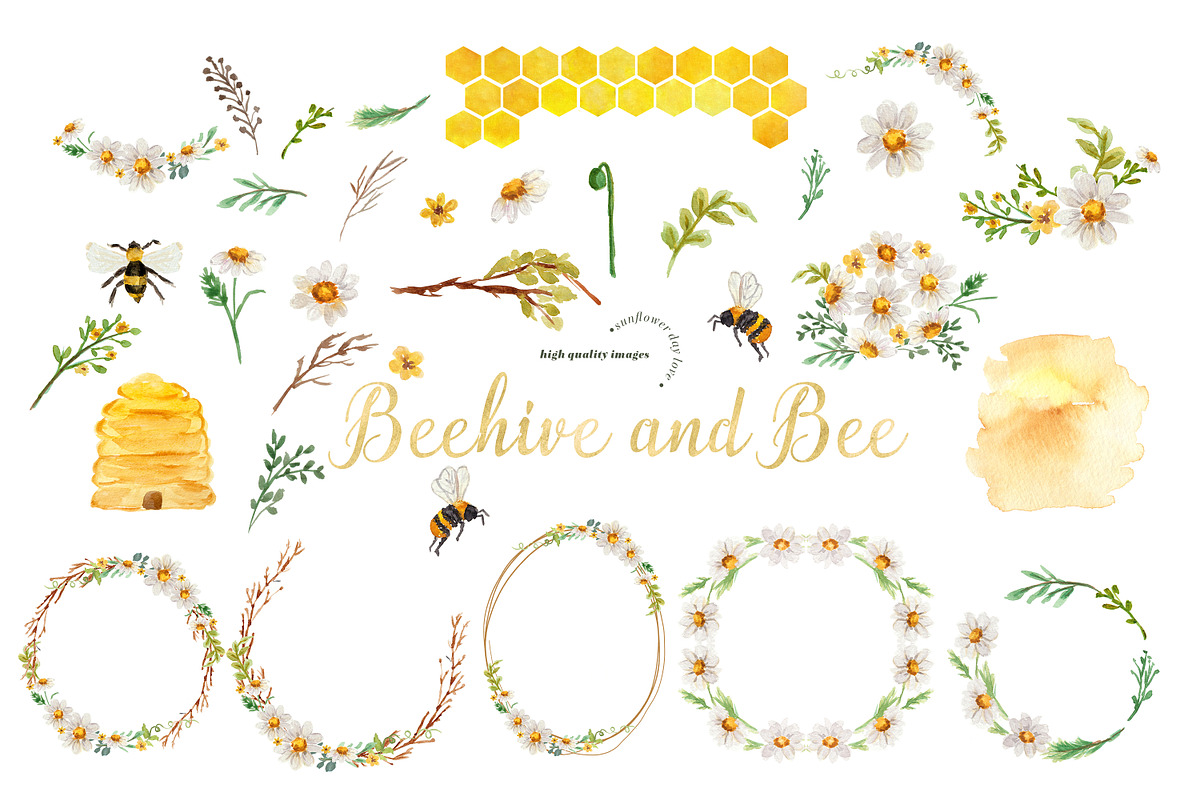 Beehive and Honey Bee Clipart, an Illustration by Sunflower Day Love