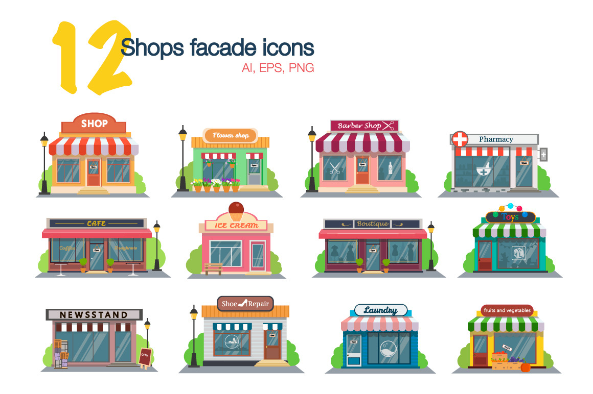 Store and shop facade flat icons, an Object Graphic by BSVIT