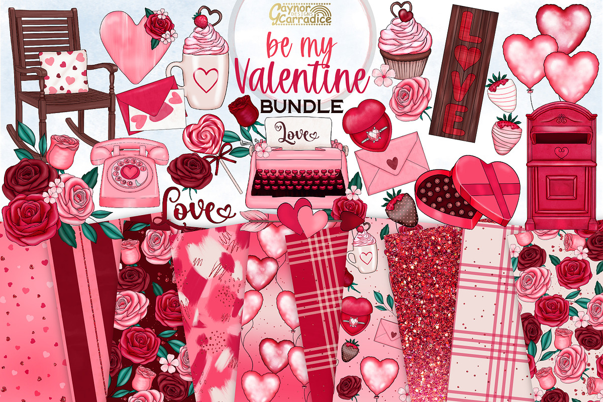 Valentine clipart and pattern bundle, an Illustration by Gaynor ...