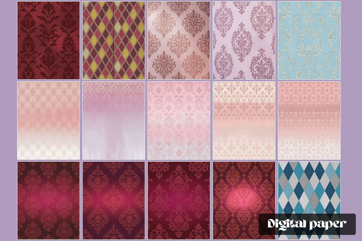 Damask Digital Paper Pack 12 JPG, a Graphic by iloveTemplate