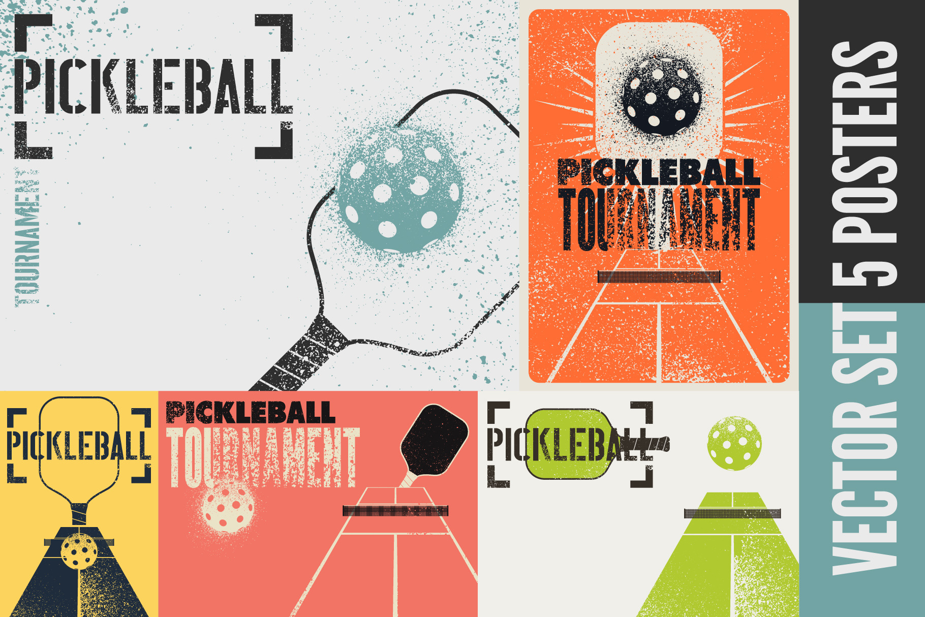 Pickleball grunge vector poster set., a Sport Illustration by PoPaShop