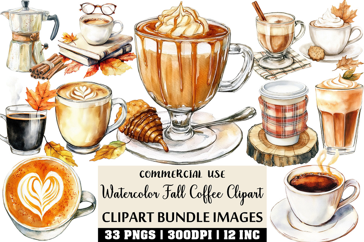 Watercolor Fall Coffee Clipart, an Illustration by Craft Nest