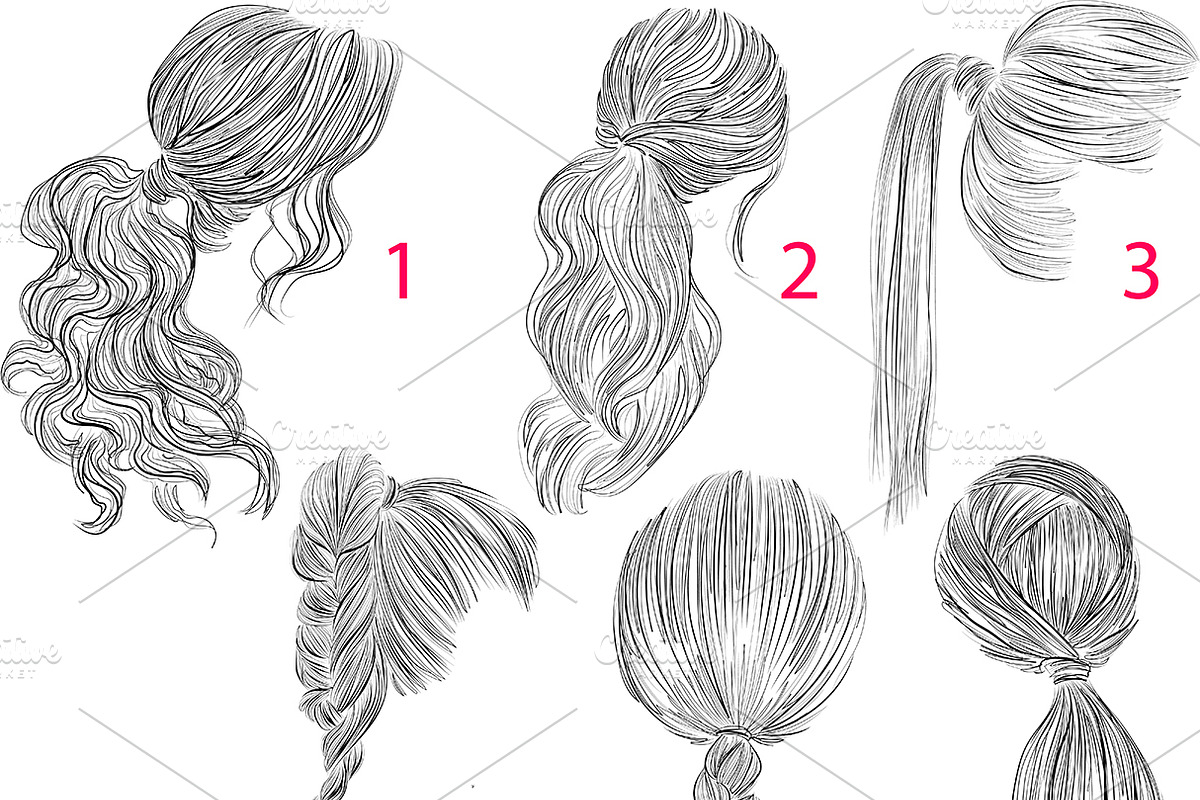 Ponytails line art hair styles set, a Person Illustration by esylvia