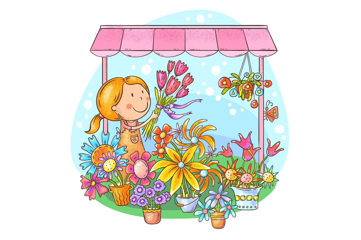 Cartoon florist girl selling bouquet | People Illustrations ~ Creative ...