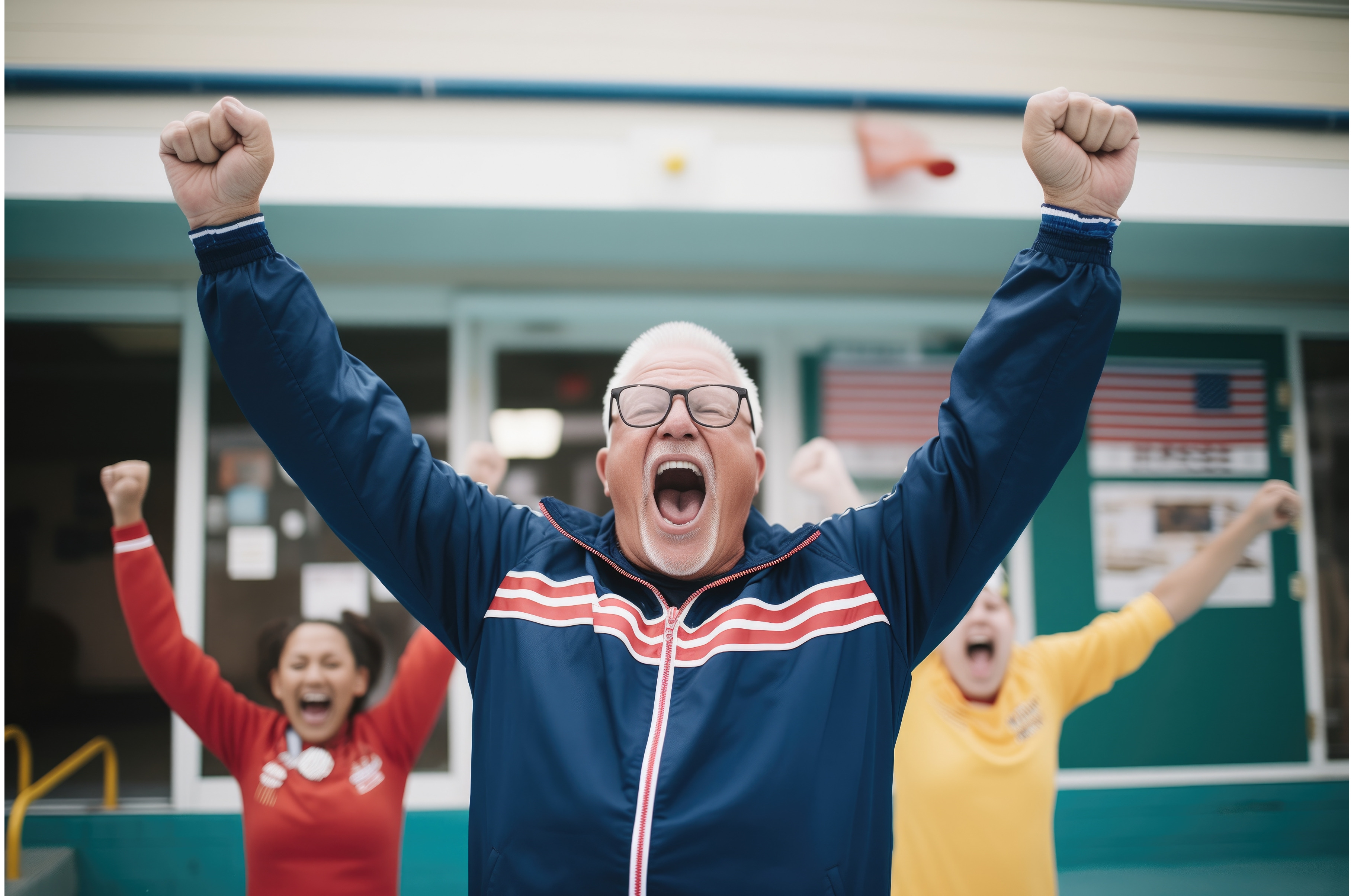 coach cheering with school swim team | People Images ~ Creative Market
