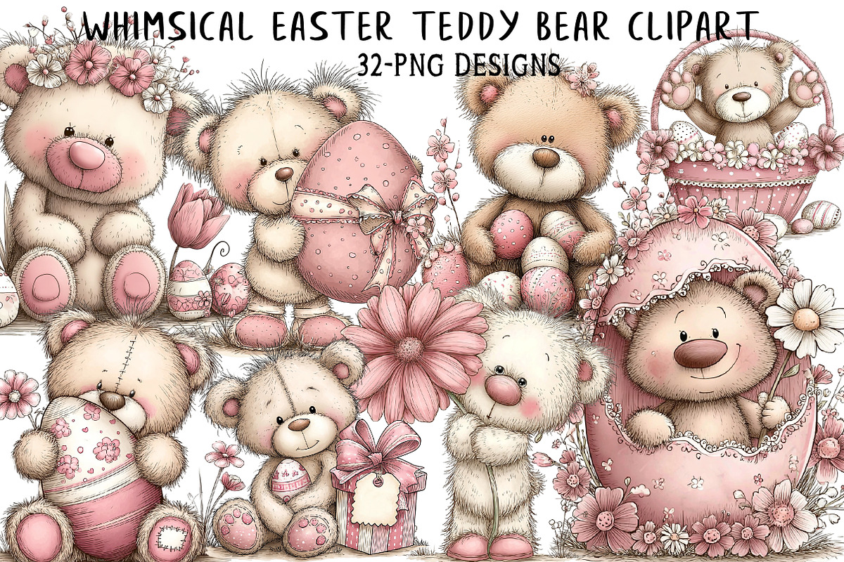 Whimsical Easter Teddy Bear Clipart, an Illustration by Daily.Designs