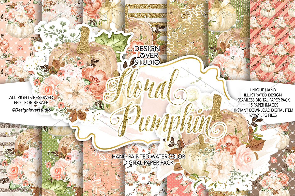 Floral Pumpkin digital paper pack, a Pattern Graphic by designloverstudio