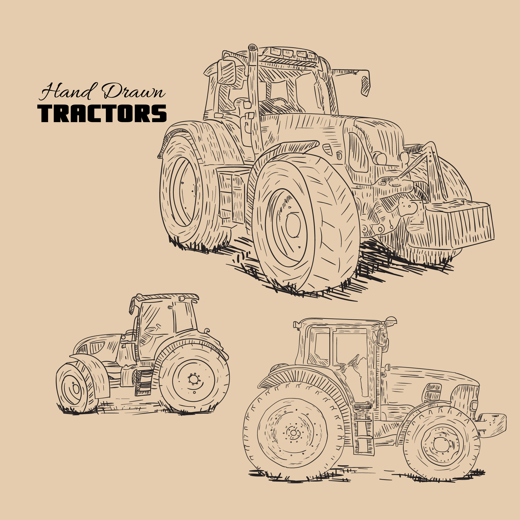 Set of 3 Hand Drawn Tractor Sketches, a Graphic by AndrewPixel
