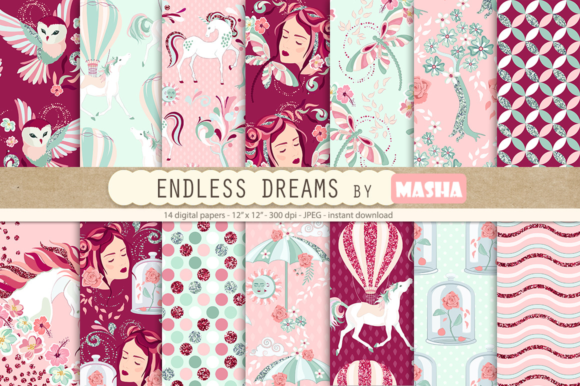 ENDLESS DREAMS digital paper, a Pattern Graphic by Masha Studio