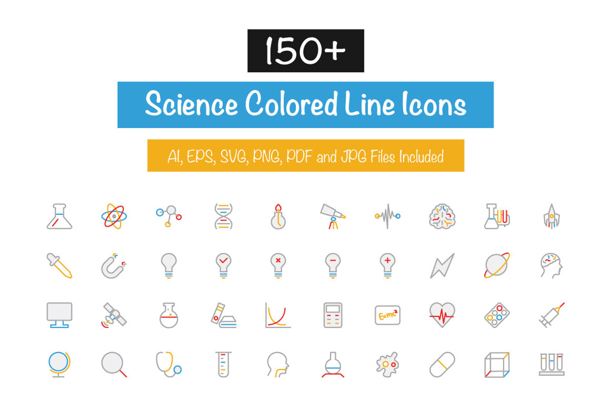150+ Science Colored Line Icons, an Outline Icon by Creative Stall
