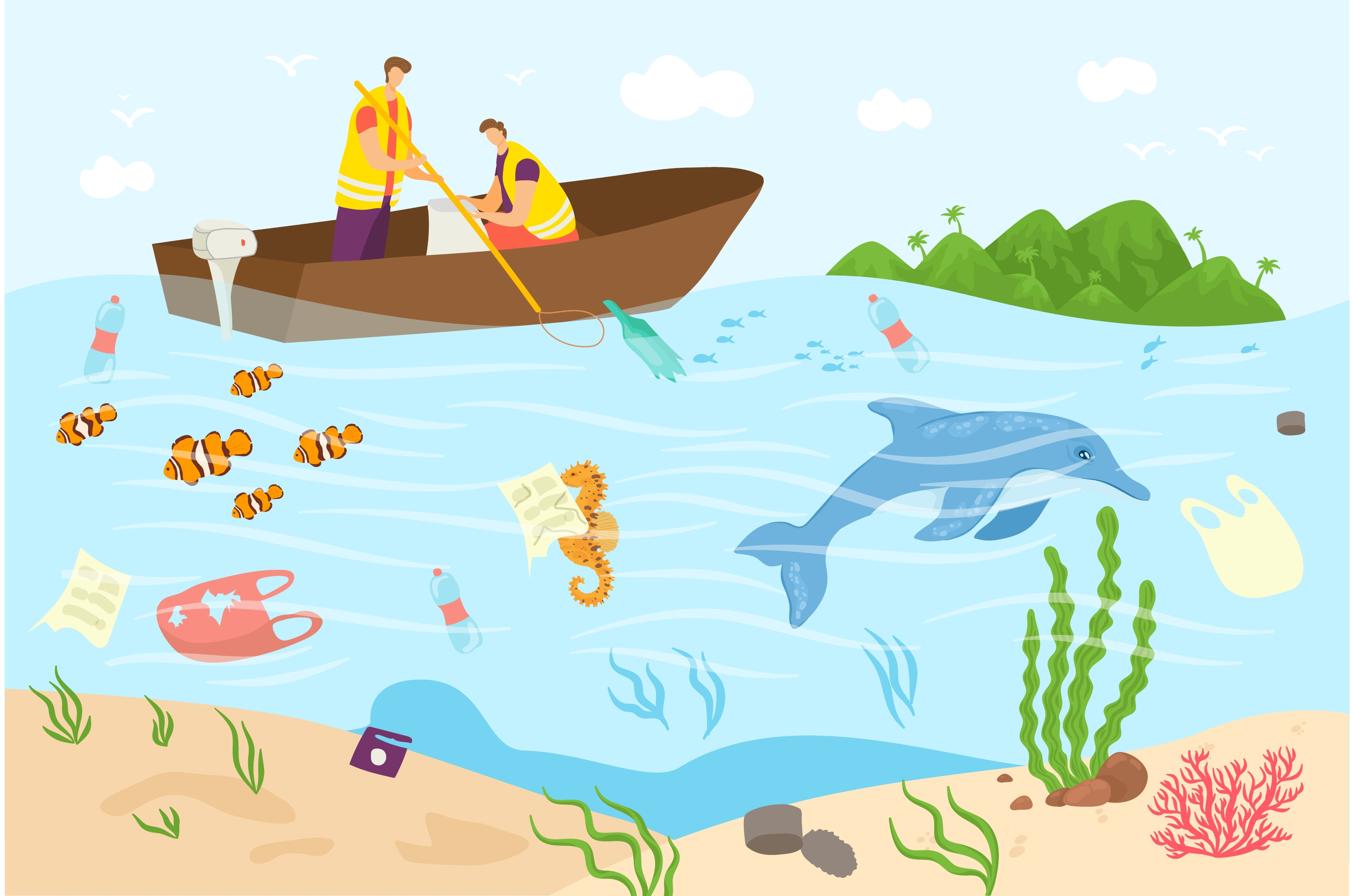 Ocean pollution, sea water with, a Person Illustration by KitVector