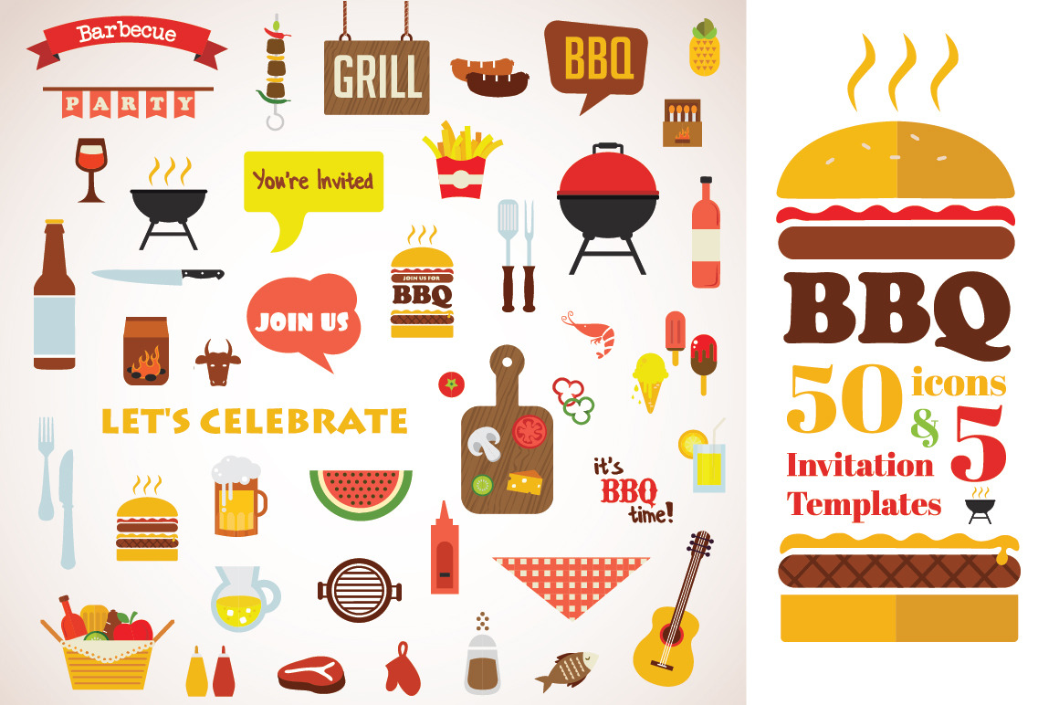 BBQ Icon set and invitation template, a Background Graphic by jenny lipets