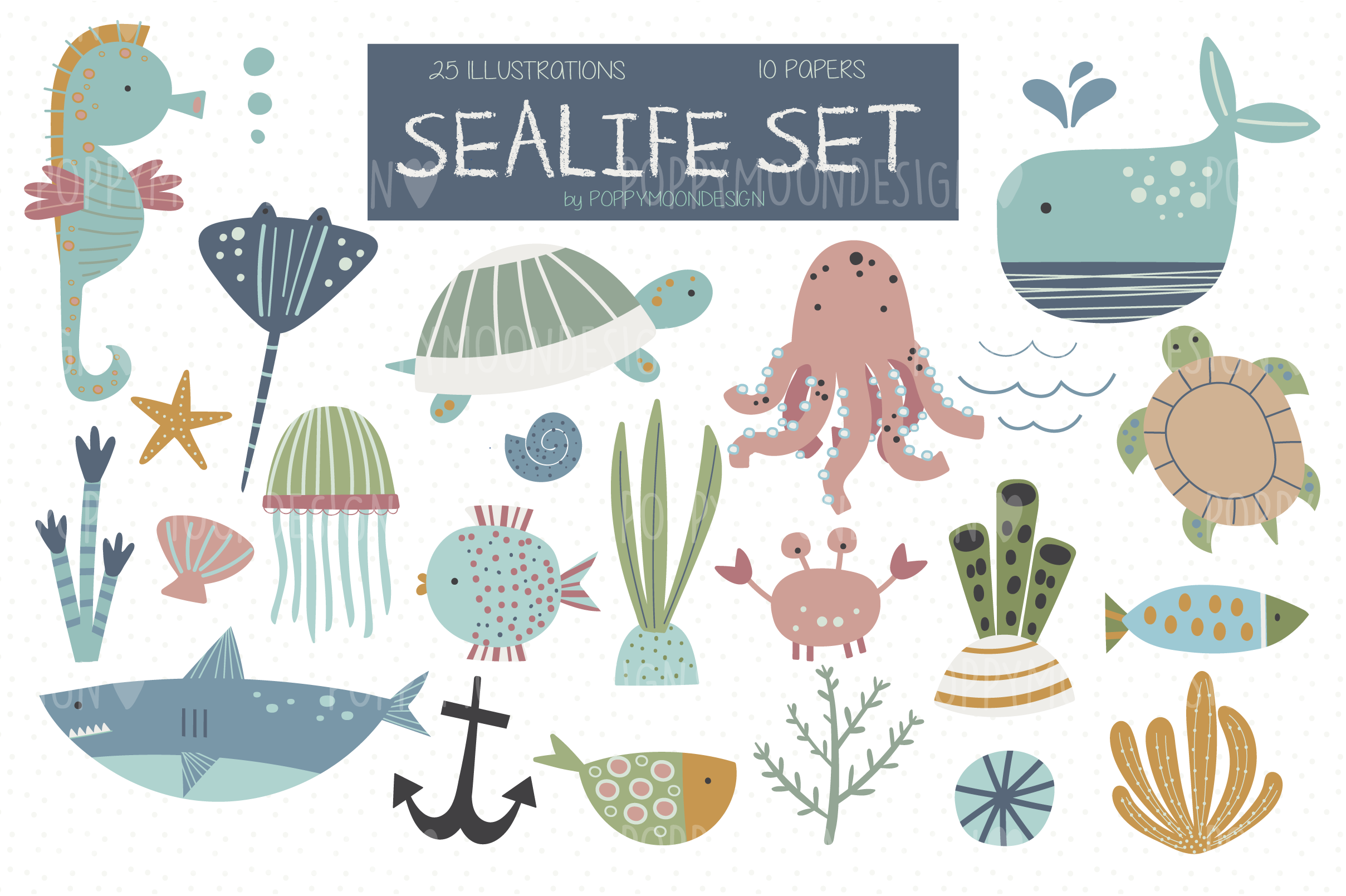 Sealife clipart and paper set, a Pattern Graphic by Poppymoondesign