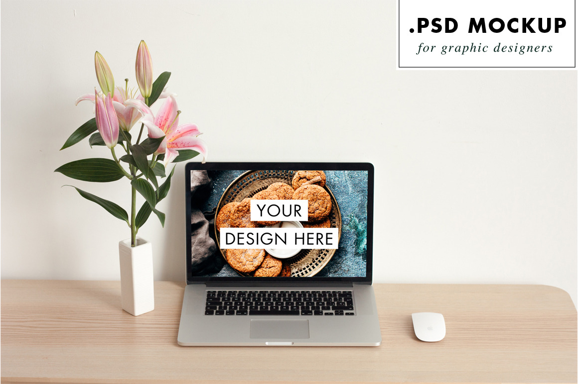 Flower bouquet and computer mockup, a Mac Mockup by Travelling Mockups