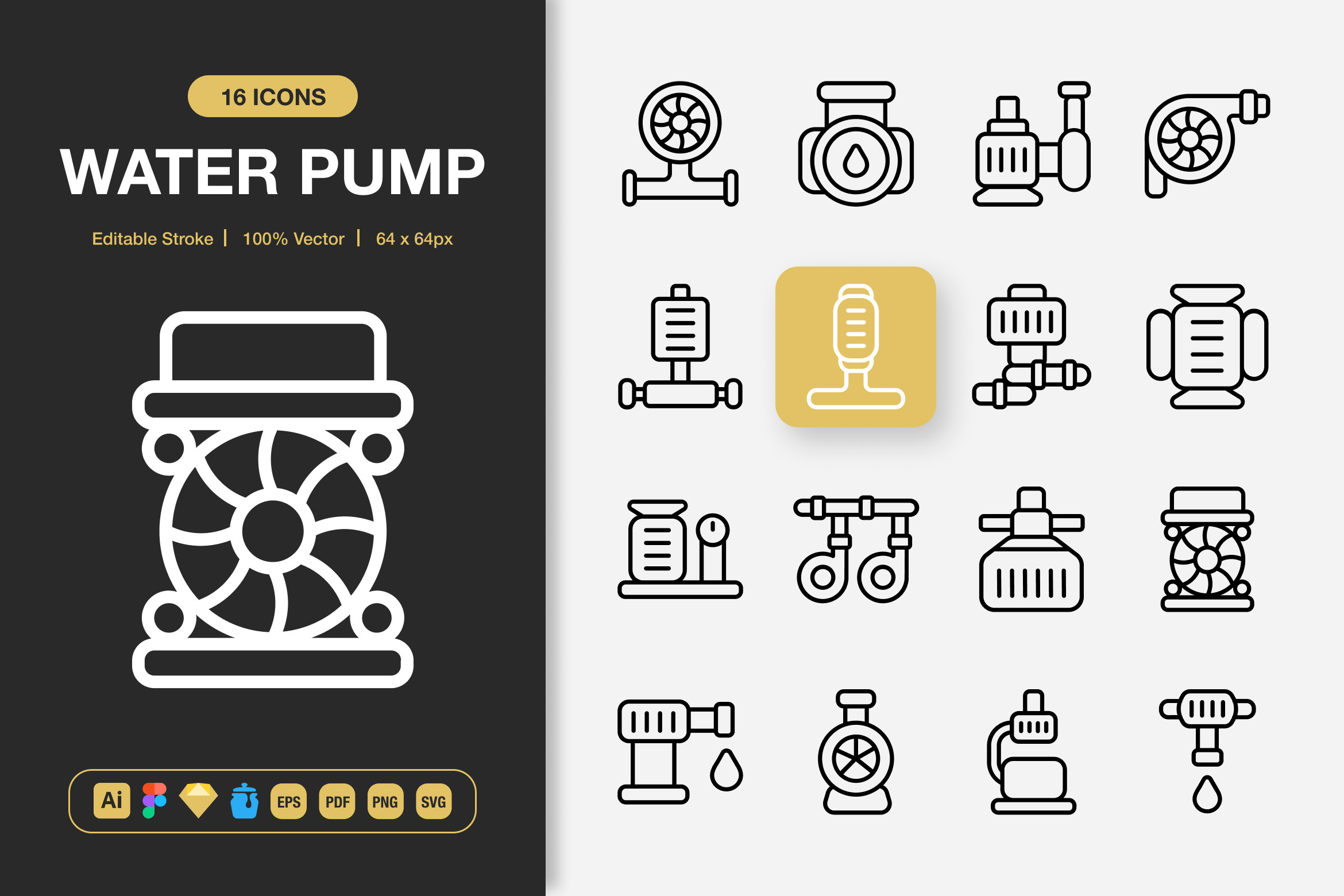 Water Pump Icons, an Outline Icon by Spacepixel Creative