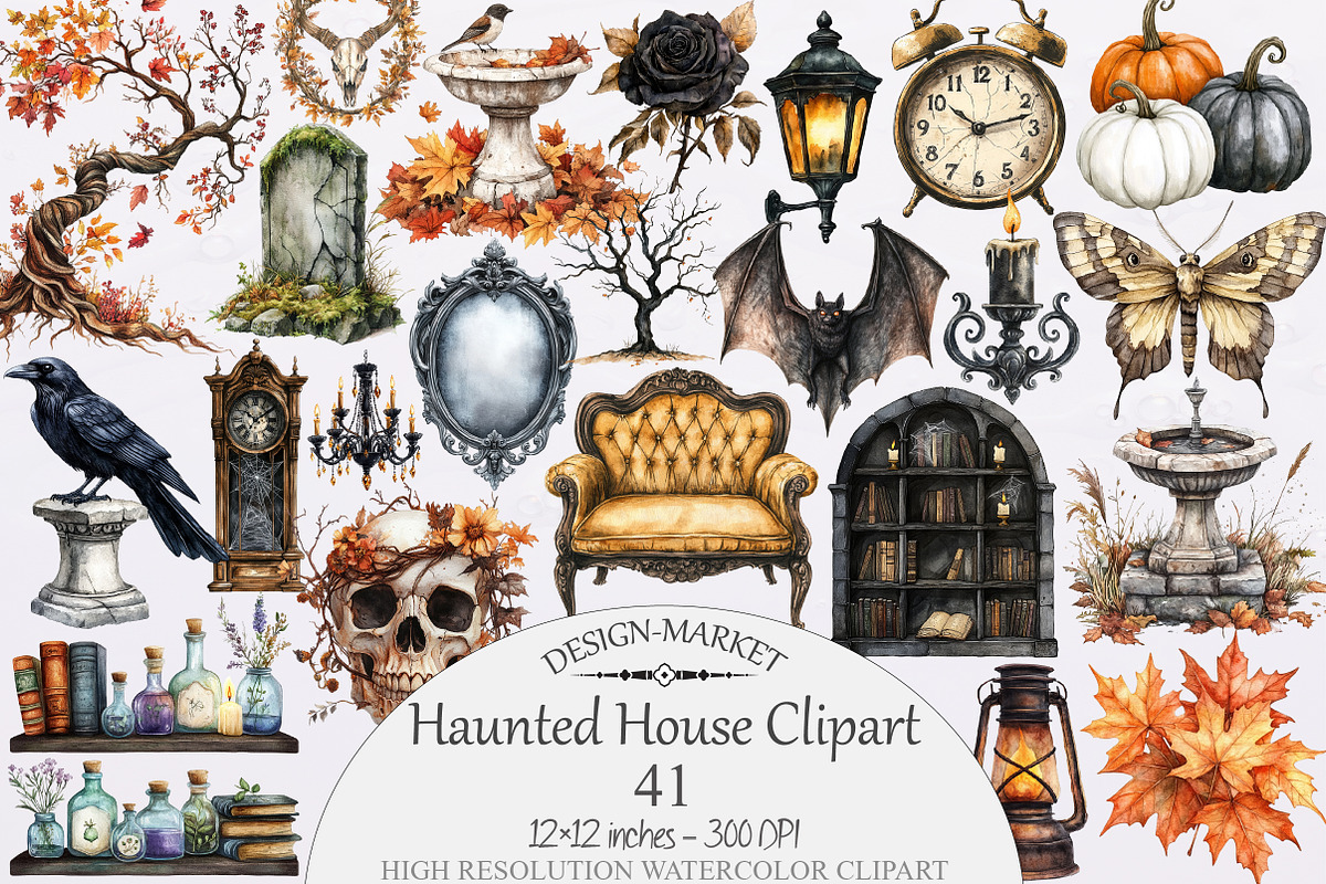 Watercolor Haunted House Clipart, a Seasonal Illustration by DesignGet