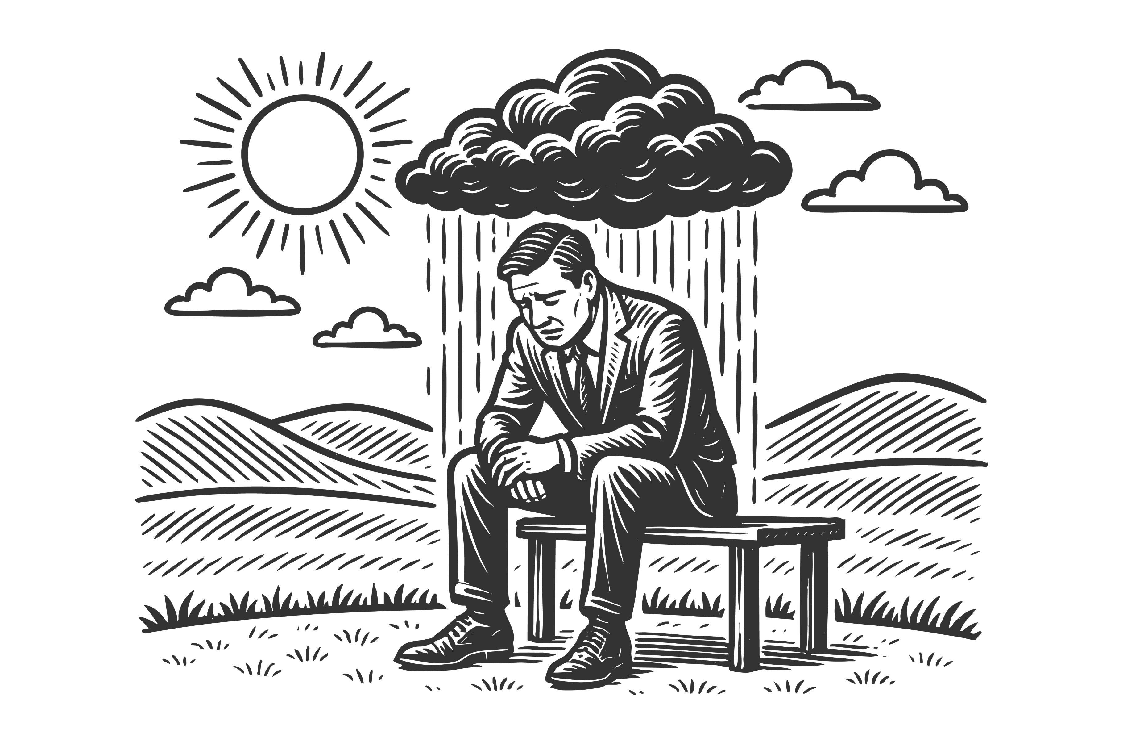 Sad man under rain cloud while sun, a Person Illustration by AlexArt