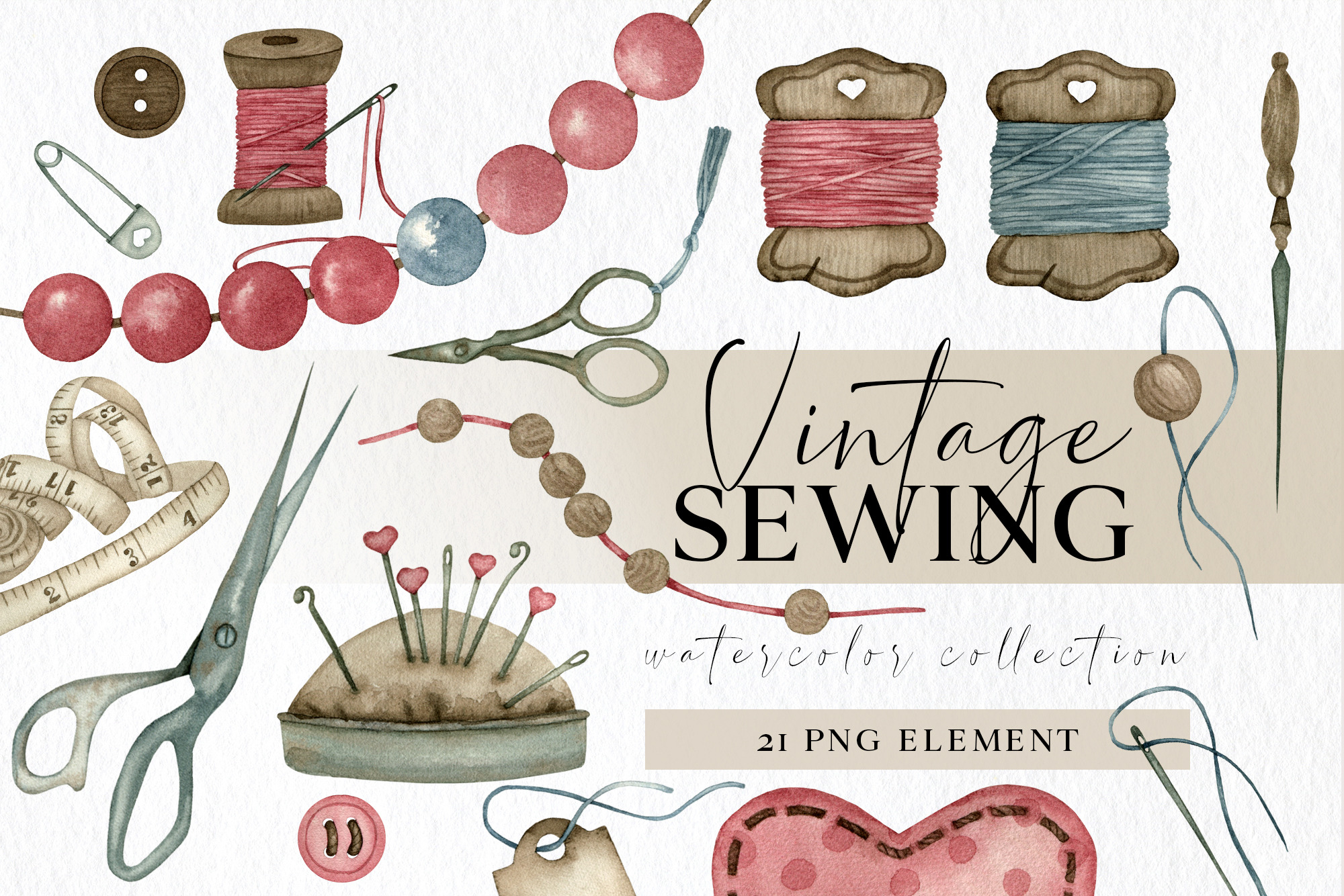 Vintage sewing watercolor clipart, an Illustration by Ksenia Shmakova