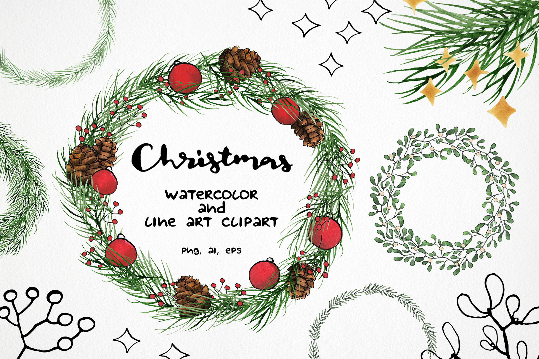 Watercolor christmas wreaths clipart, a Seasonal Illustration by ...