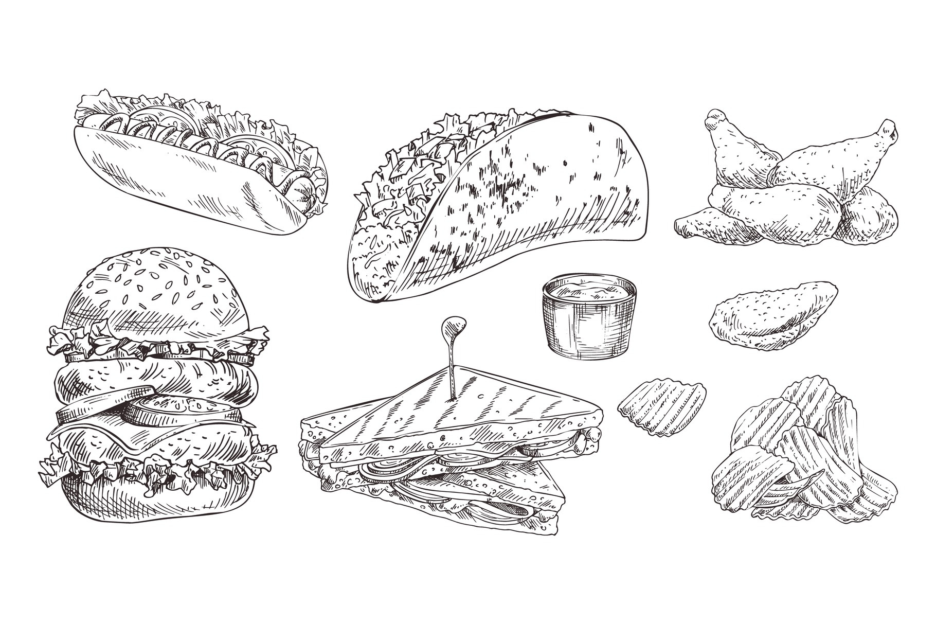 Fast food set hand drawn vector, a Food Illustration by robuart