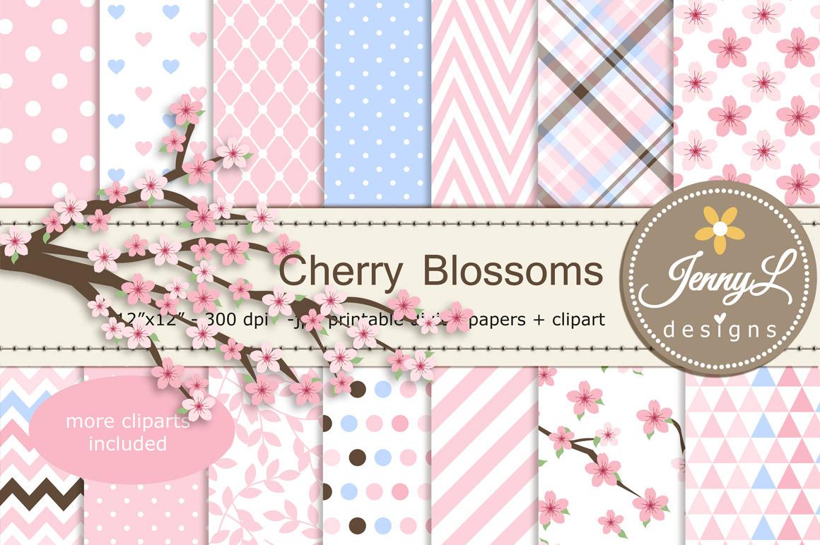 Cherry Blossoms Digital Paper, a Pattern Graphic by JennyL Designs