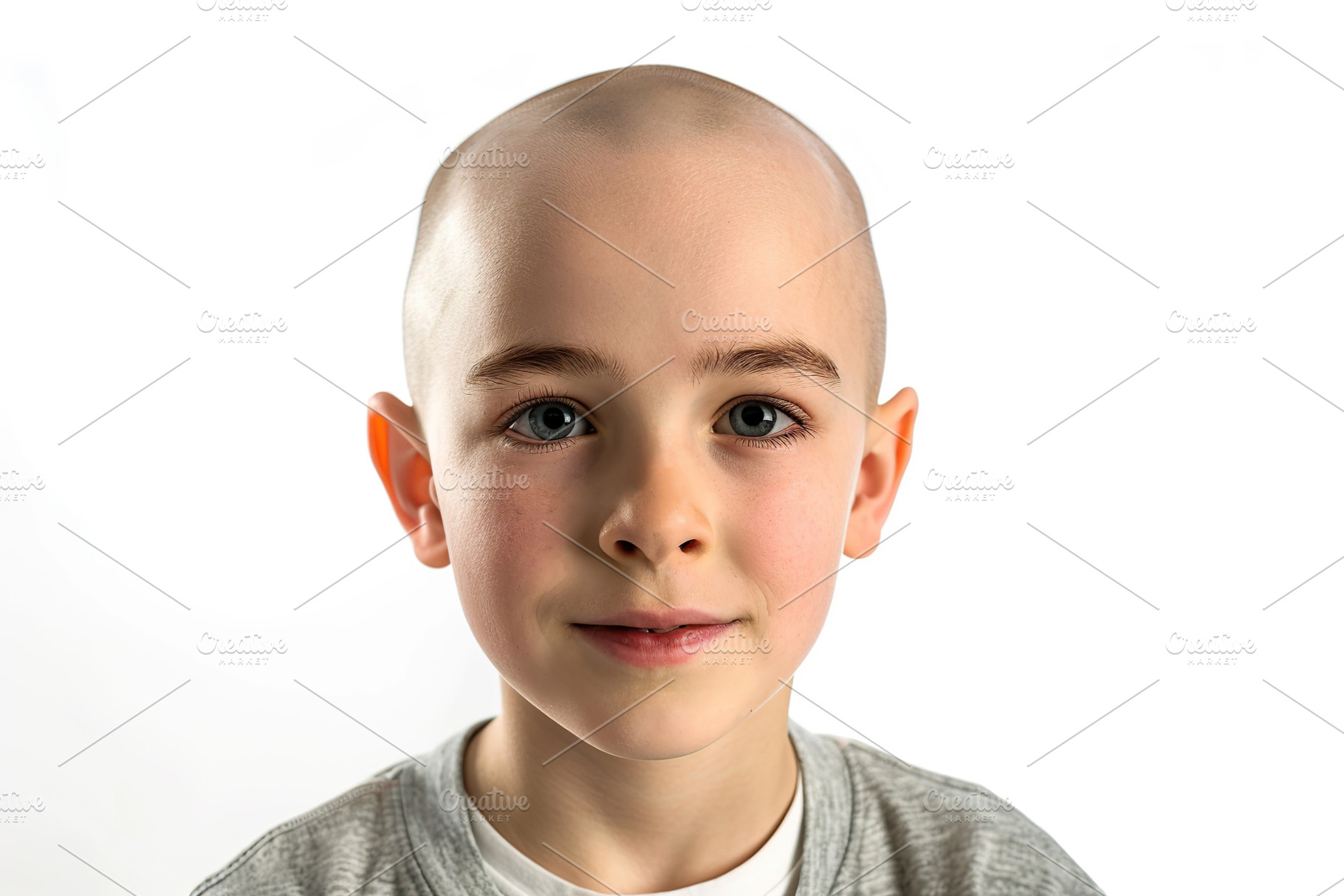Portrait of young child boy with bald head, cancer therapy, a Person ...
