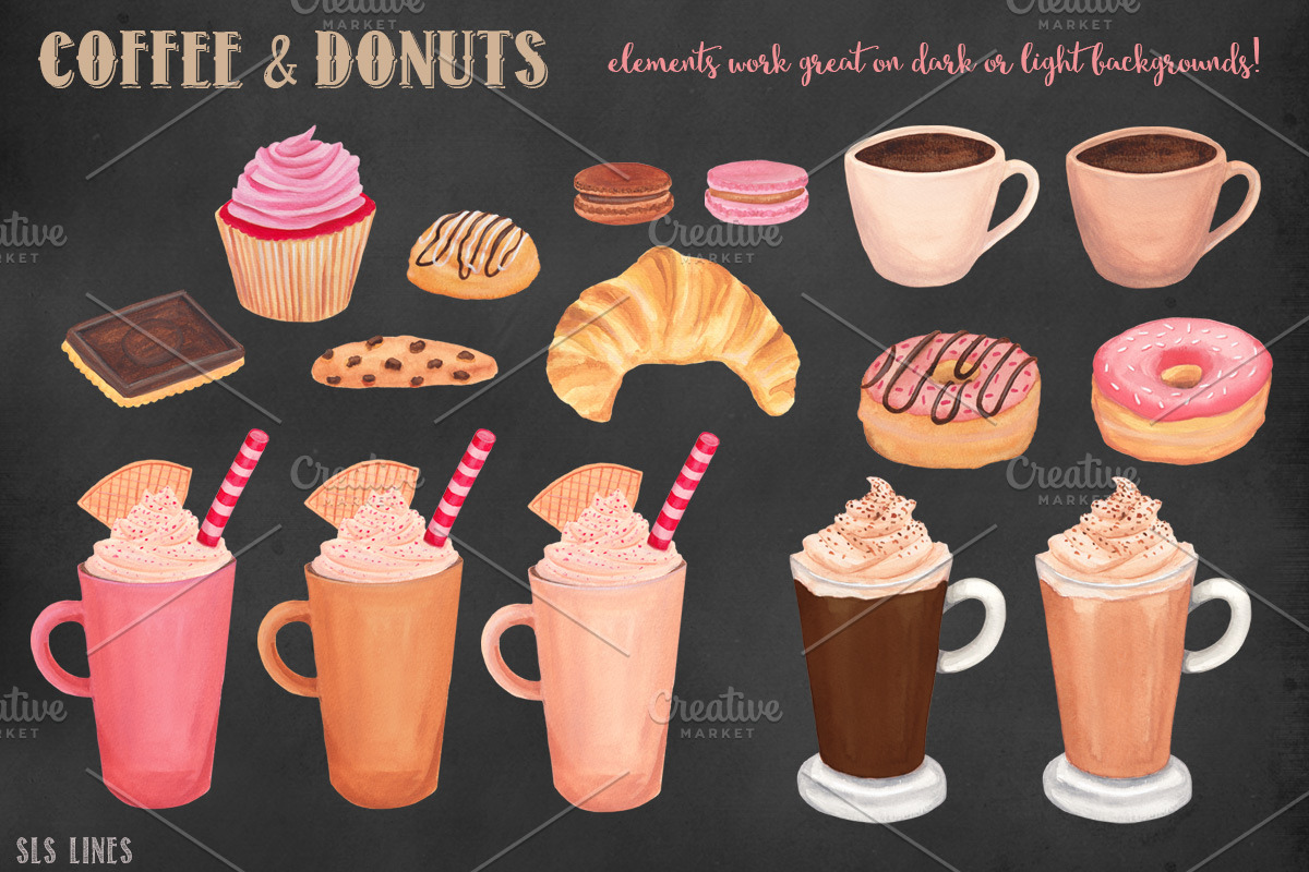 Coffee & Donuts Bakery Clipart, a Food Illustration by SLS Lines