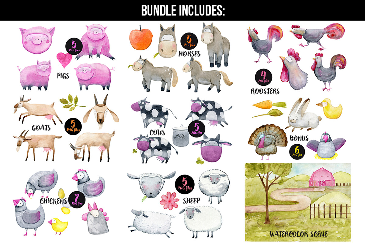 Watercolor Farm Animals Bundle, an Animal Illustration by Bibela
