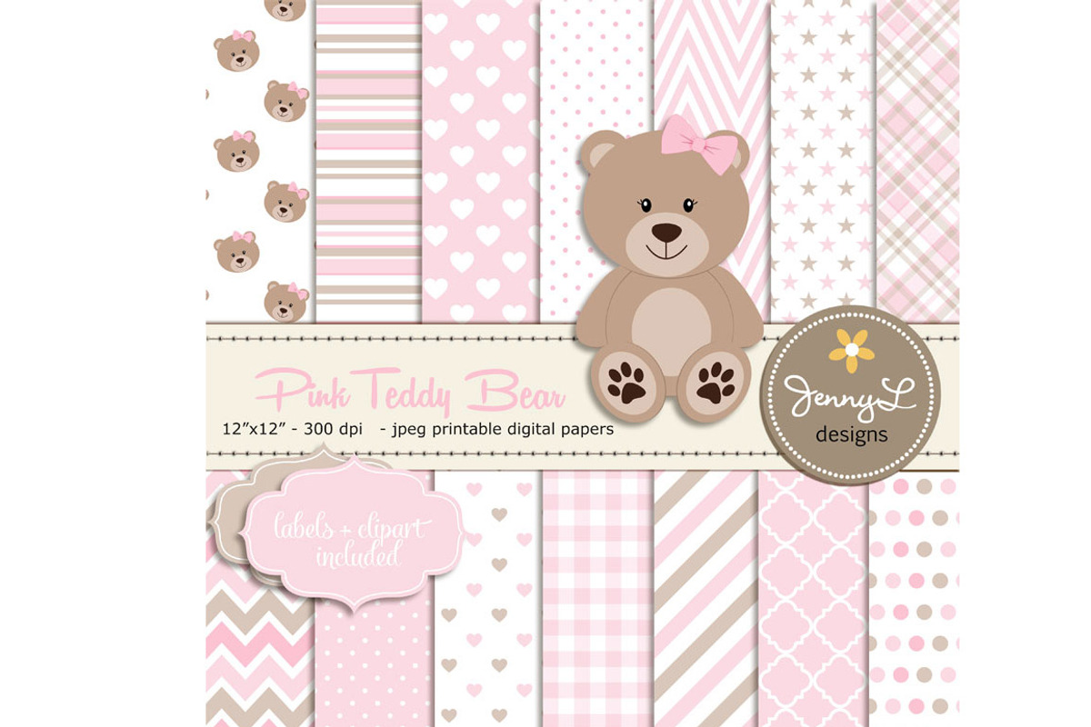 Pink Teddy Bear Digital Paper, a Pattern Graphic by JennyL Designs