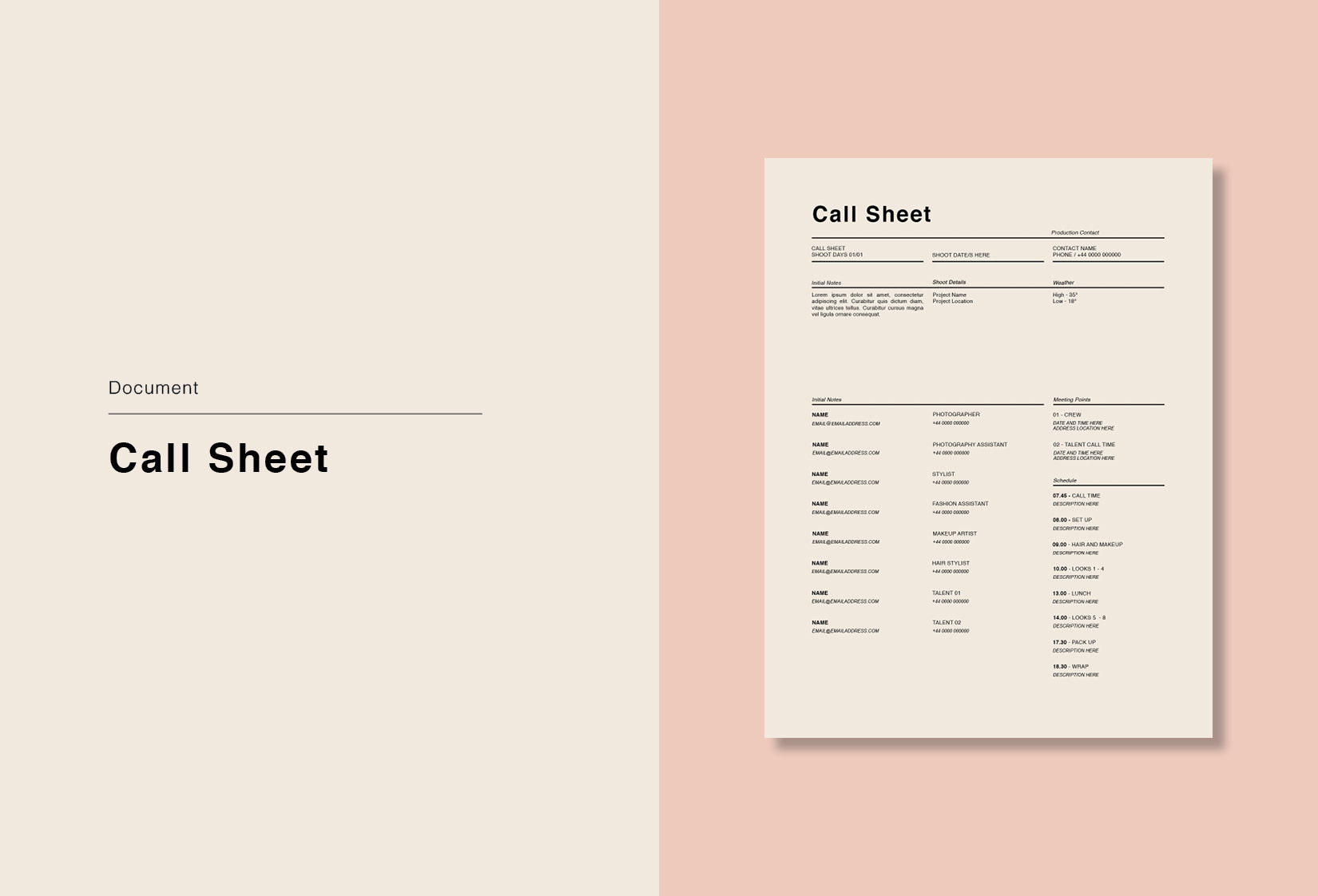 Photoshoot Call Sheet Template