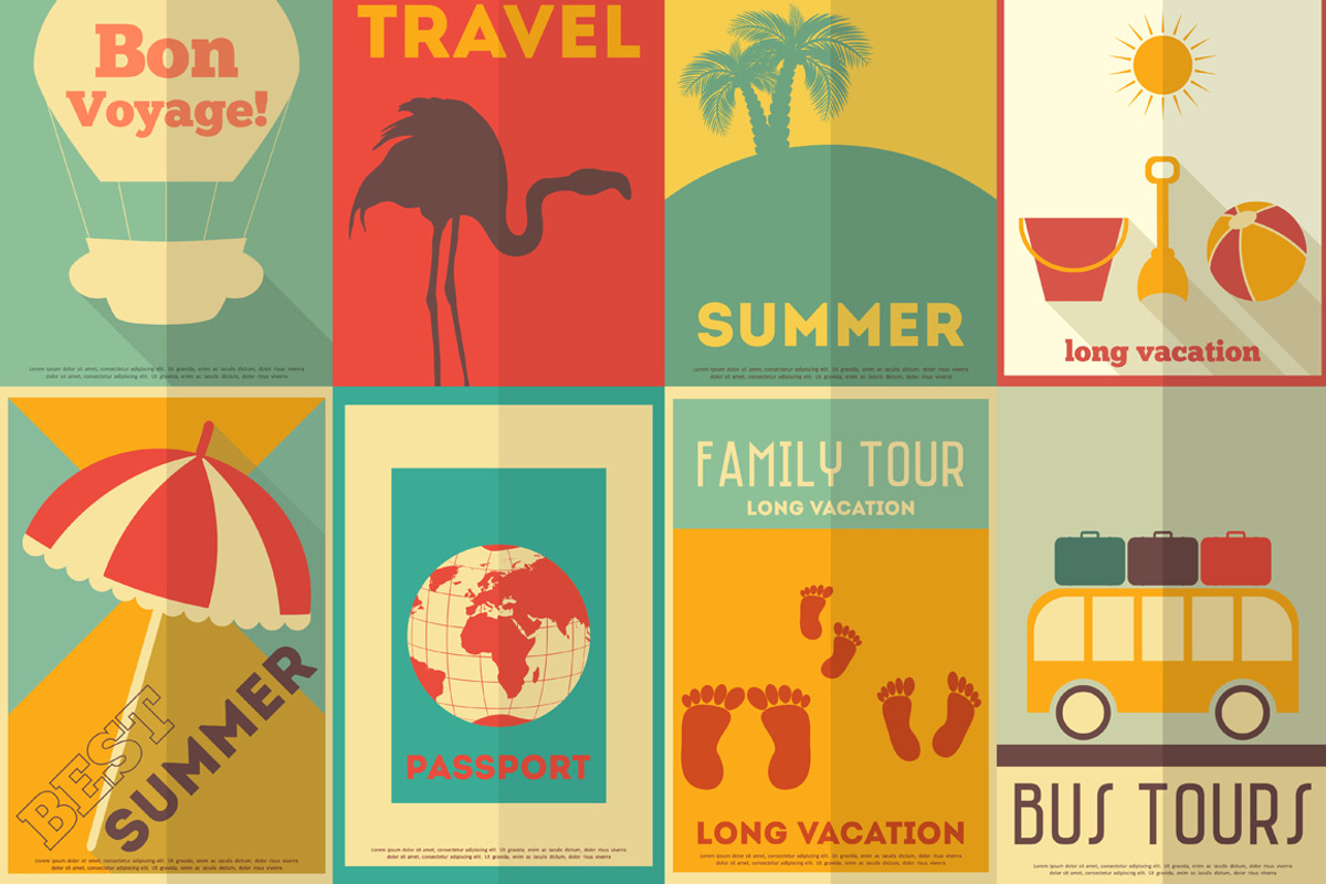 Flat Travel Posters Set, a Transportation Illustration by ELFIVETROV DESIGN