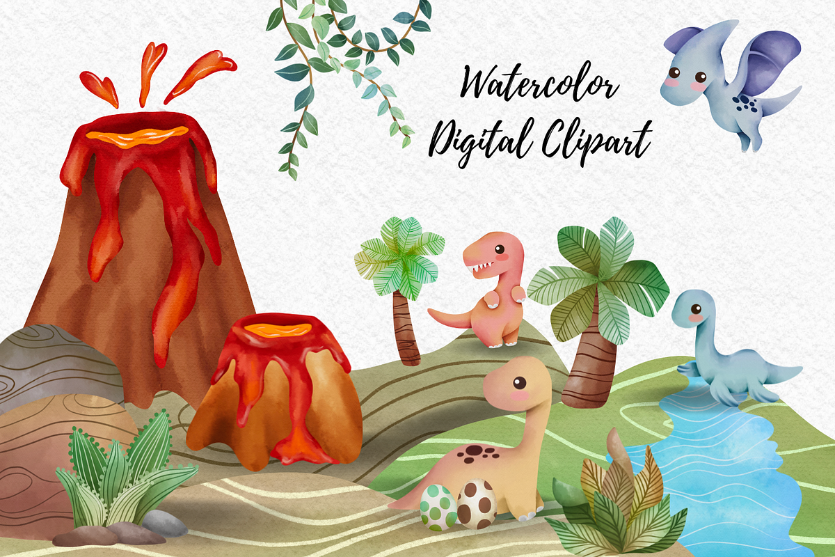 Cute Dinosaurs V2 watercolor clipart, an Illustration by AkiraVilla