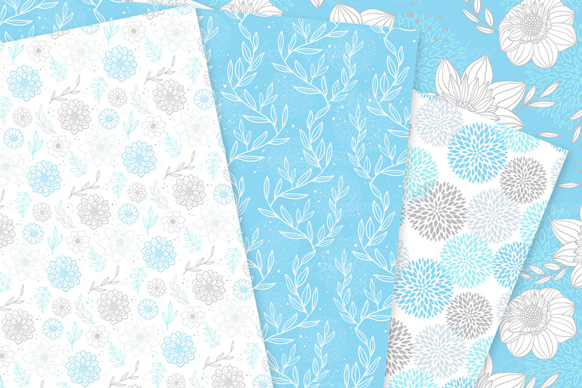 Blue and Gray Floral Vector Patterns, a Pattern Graphic by Avenie Digital