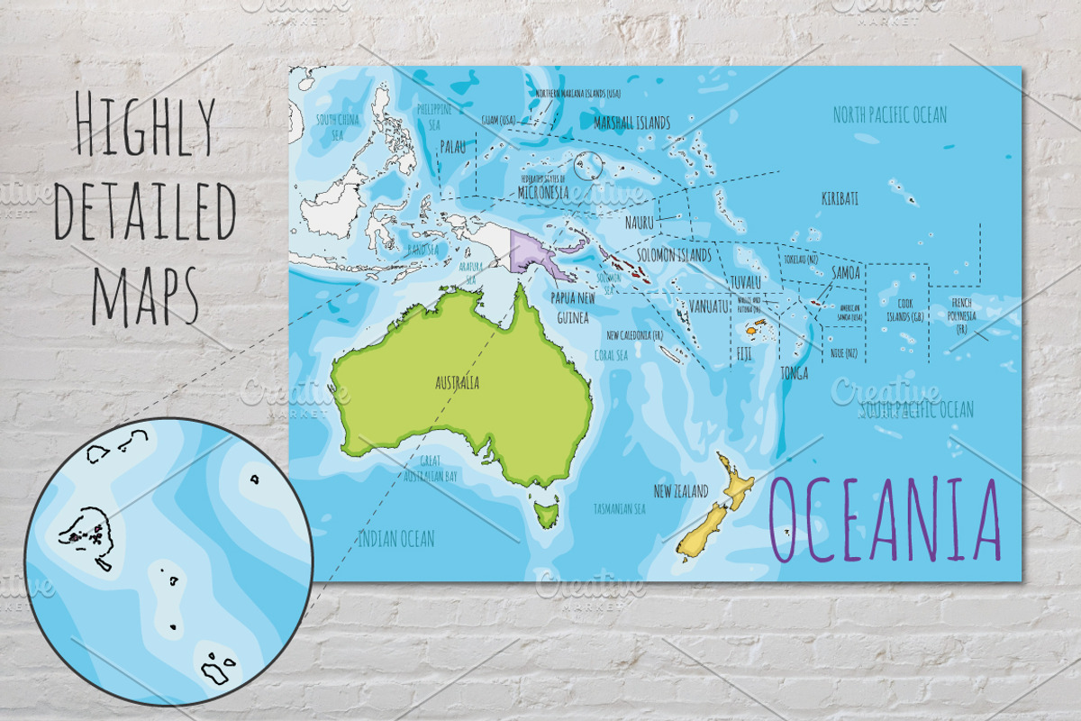 3x Oceania Illustrated Vector Maps
