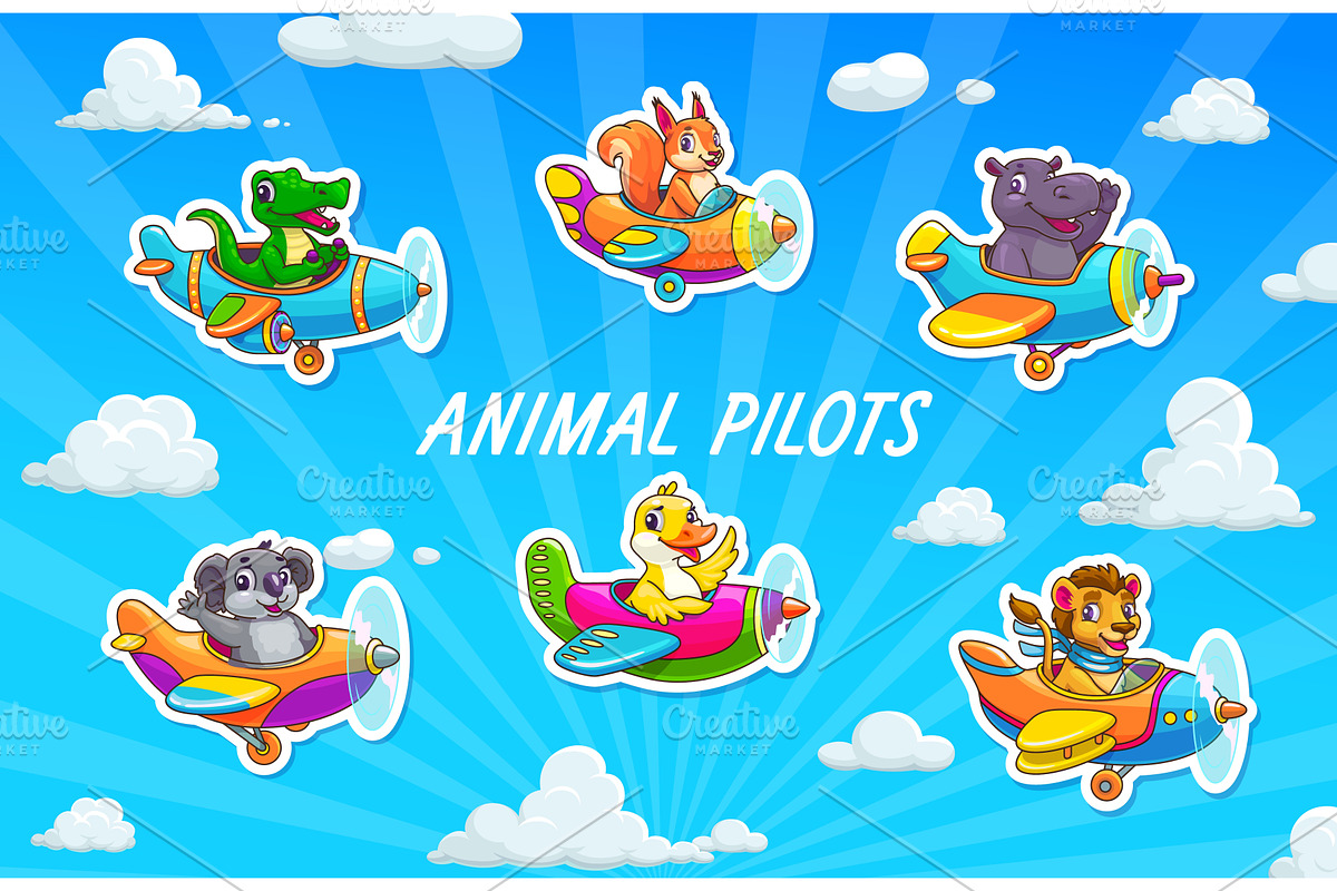Cartoon animal pilots on planes, an Animal Illustration by Vector Tradition