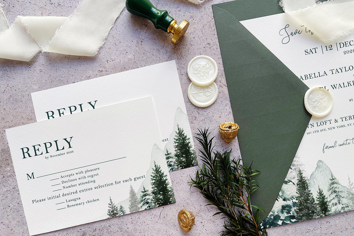 Pine Tree Wedding Suite, an Invitation Template by BlueRobinDesignShop