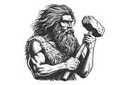 cave prehistoric man with stone, a Person Illustration by AlexArt