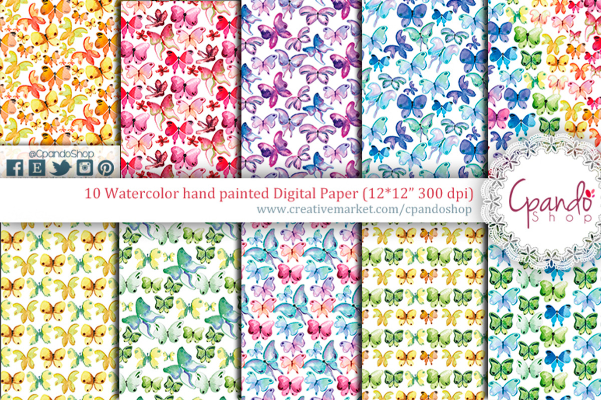 Butterfly watercolor digital paper, a Pattern Graphic by CpandoShop
