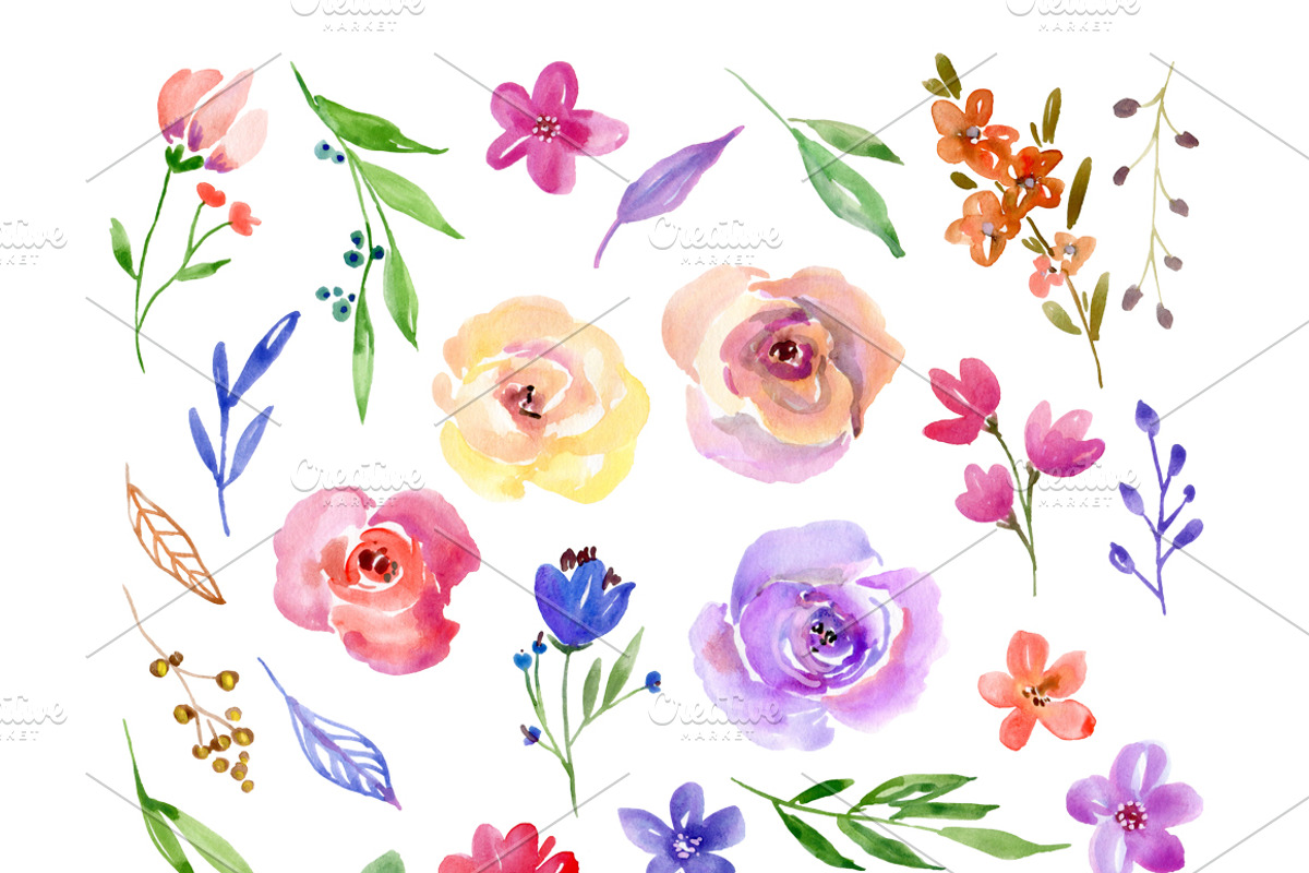 Watercolor Summer Flowers & Bouquets, an Illustration by GraphicsDish