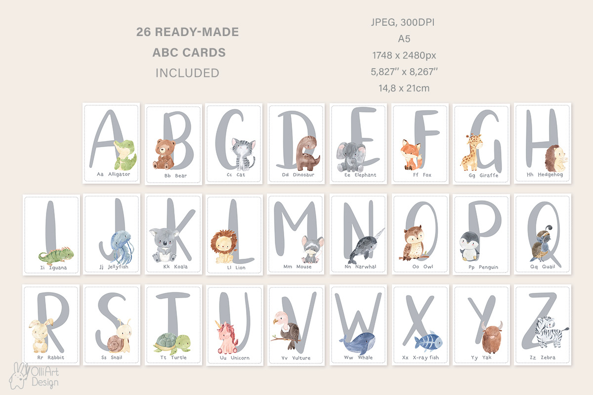 Watercolor alphabet with animals