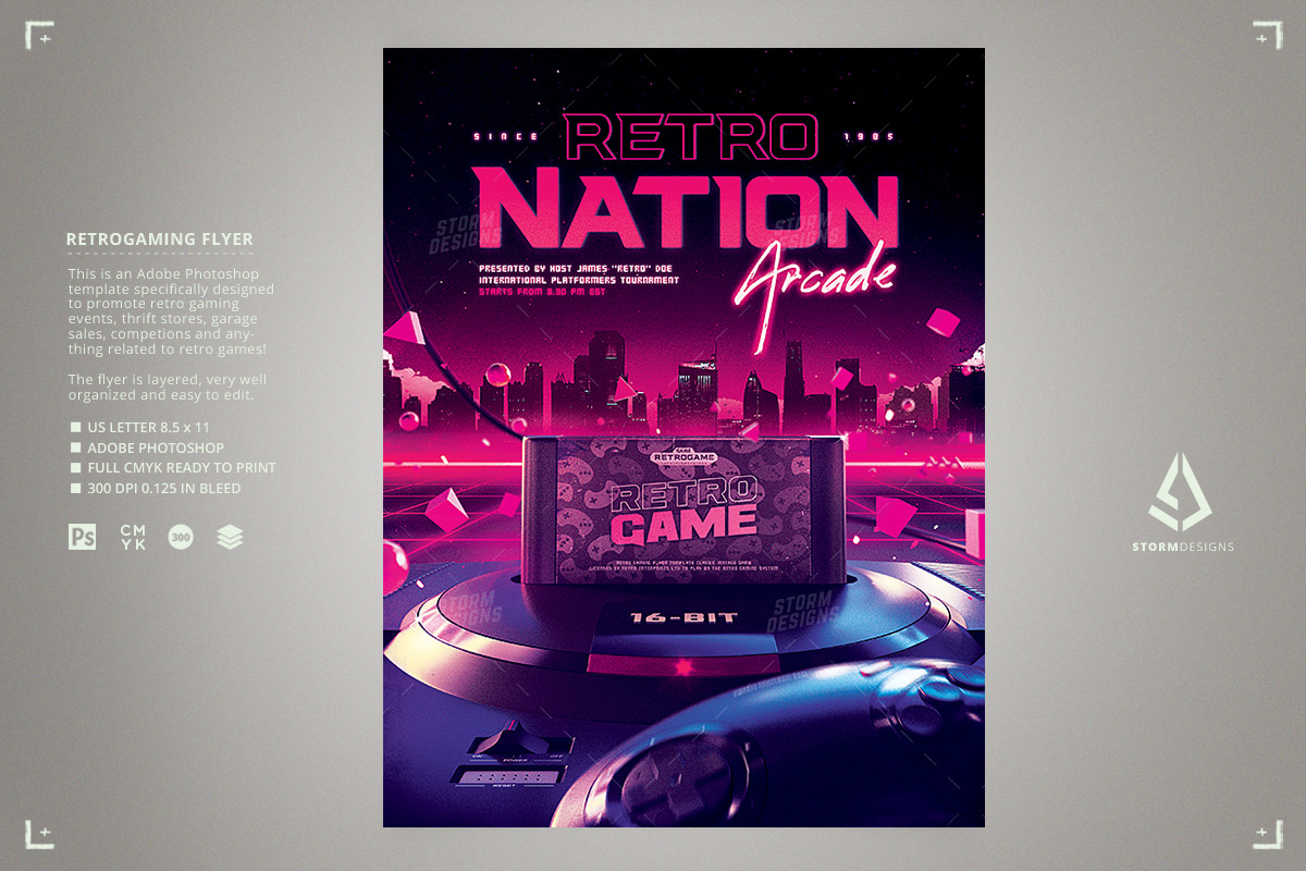 Retro Gaming Flyer 80s Game Night, a Flyer Template by Storm Pixels