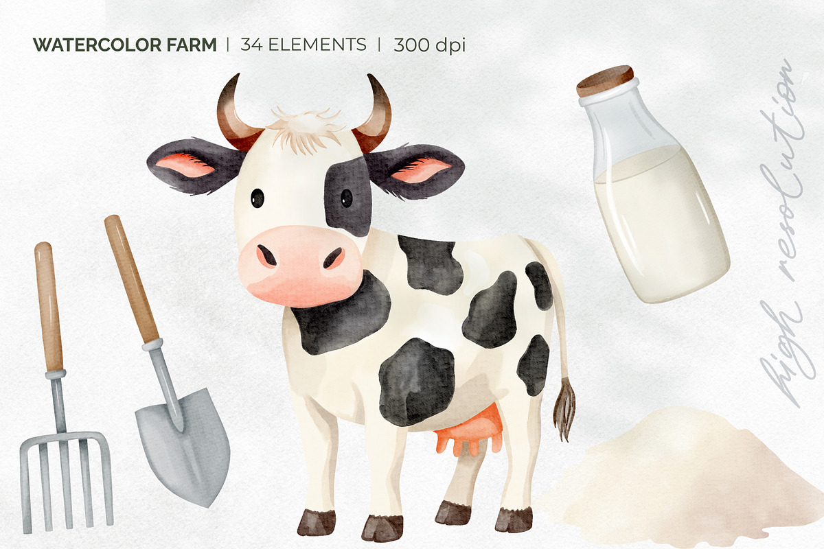 Watercolor Farm Clipart. 34 Elements, an Animal Illustration by Hanna's ...