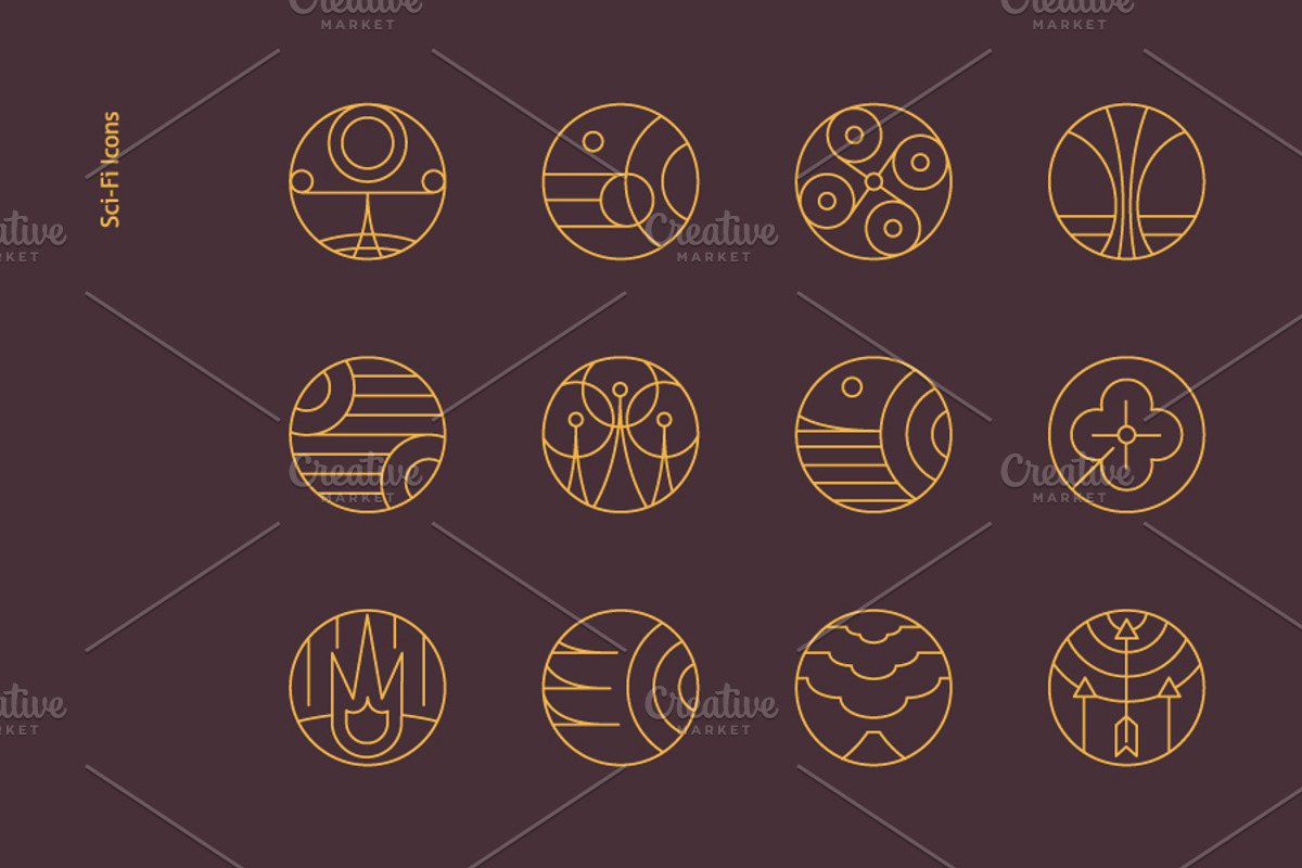12 Sci-Fi Conceptual Icons, a Branding & Logo Template by Youhhou