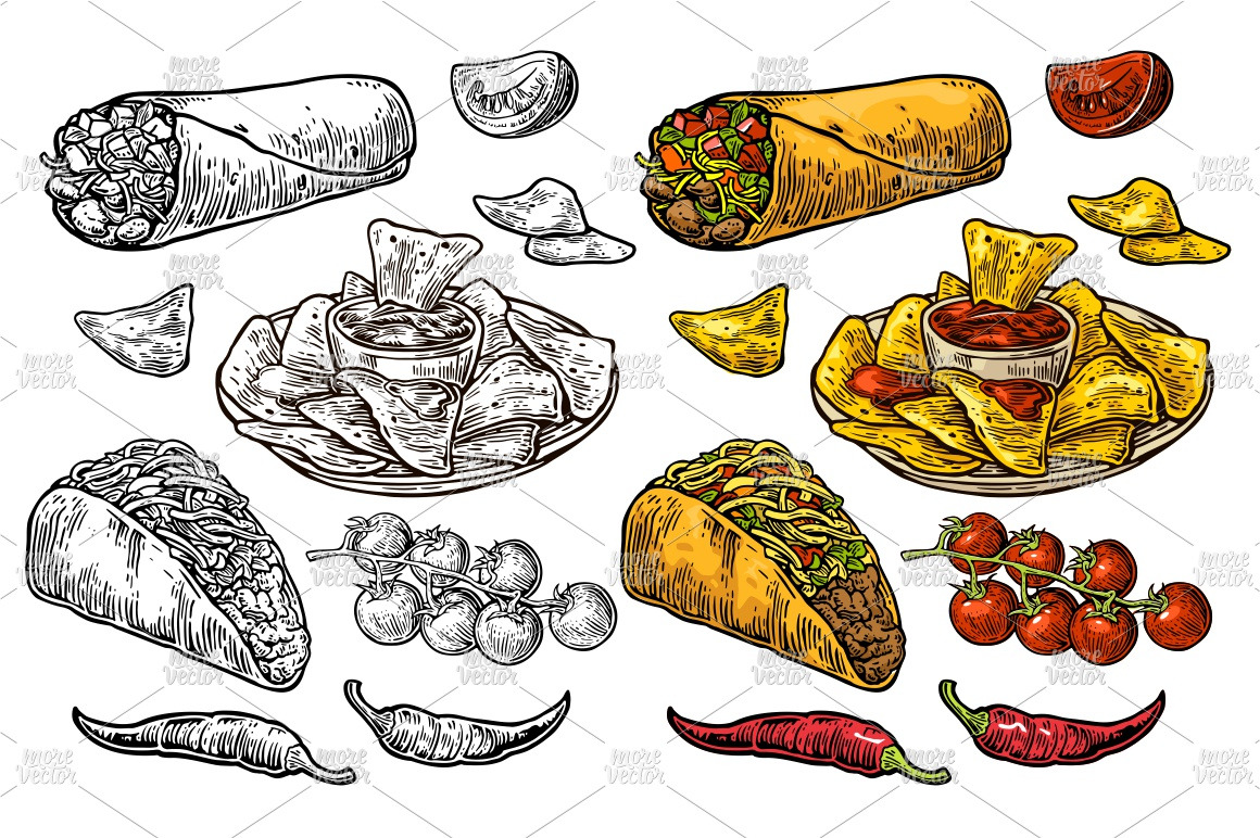 Mexican food taco burrito nachos, a Food Illustration by MoreVector